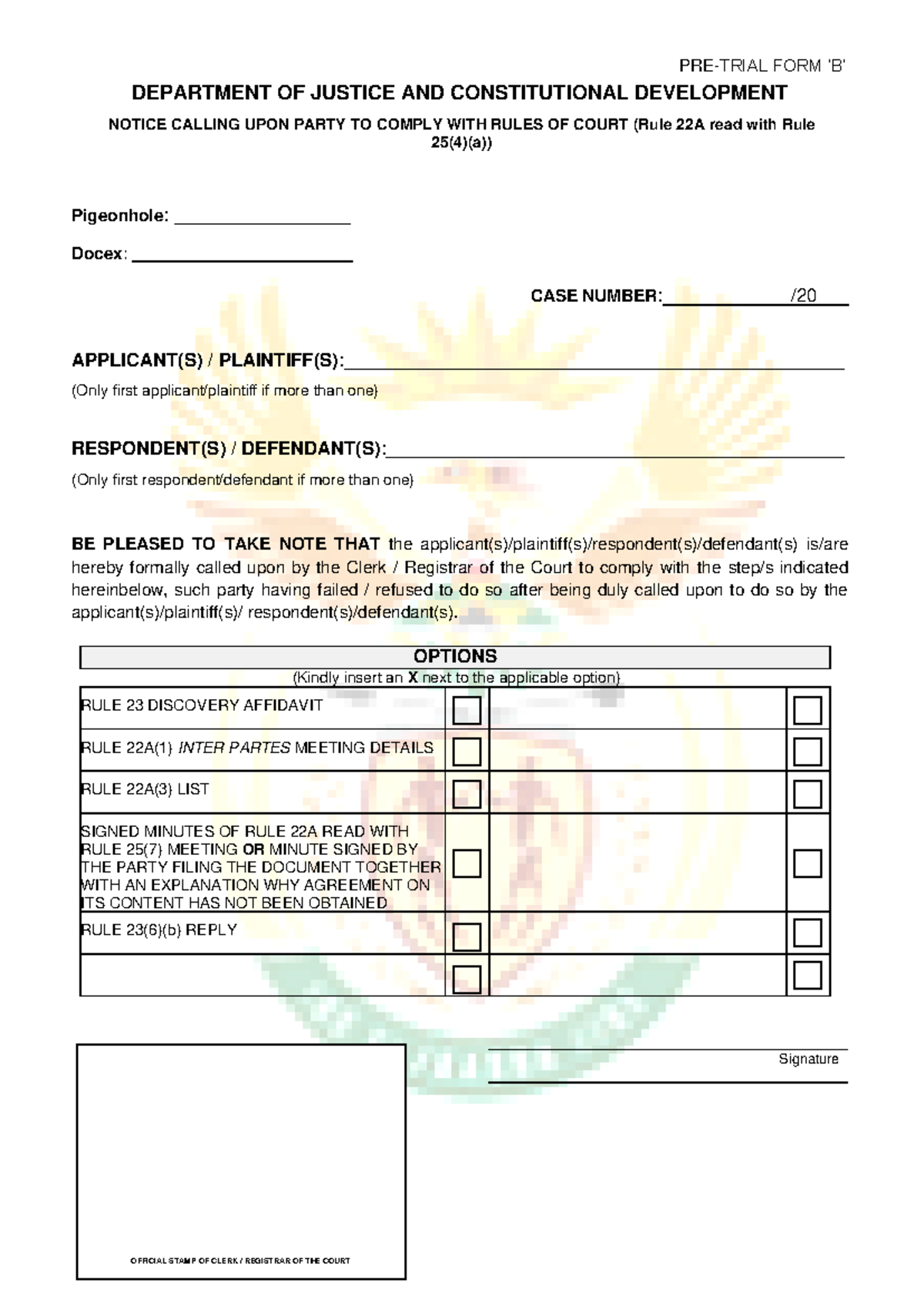 PRE- Trial FORM B Notice Calling UPON Parties TO Comply - PRE-TRIAL ...