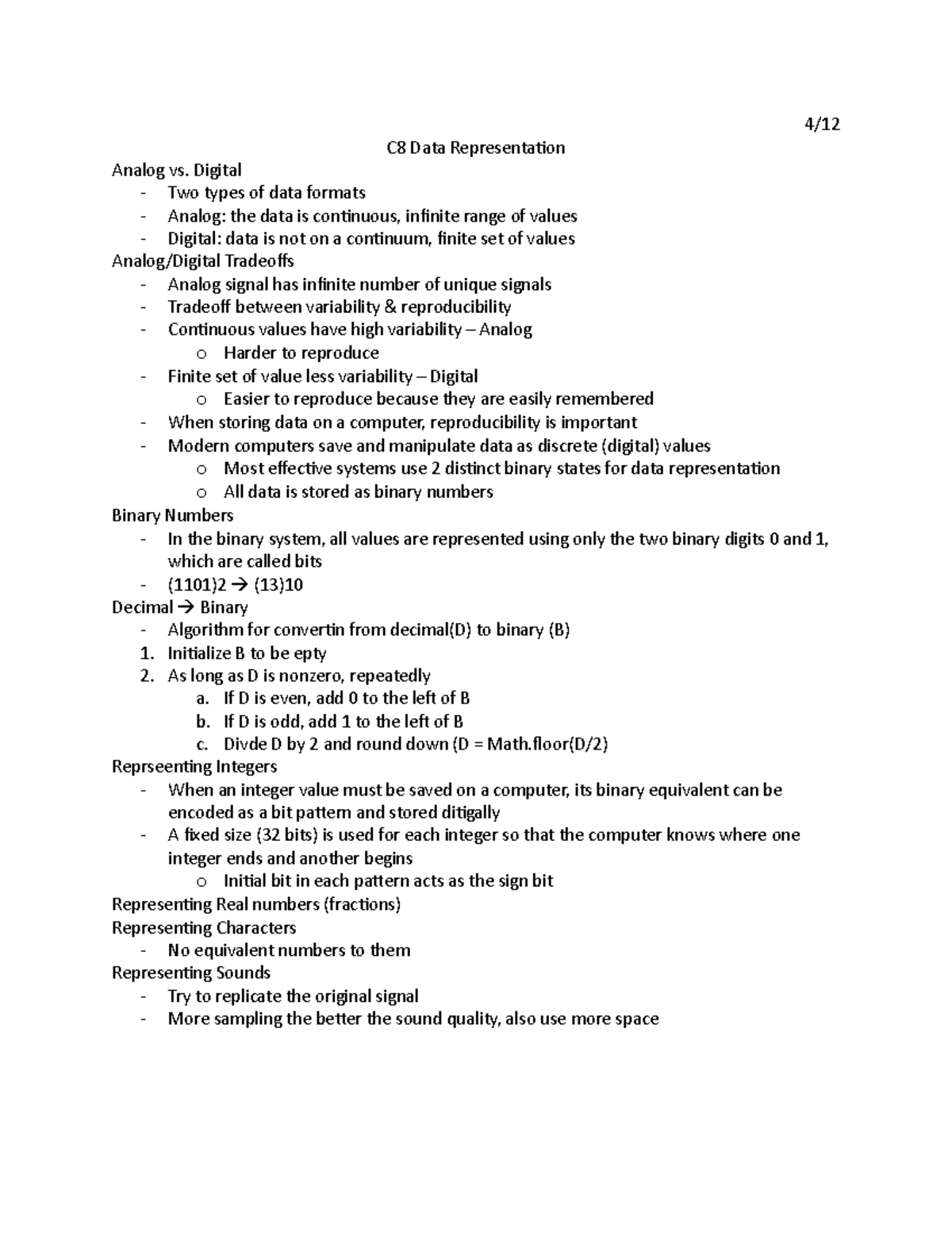 4:12 - Lecture NOtes - 4/ C8 Data Representation Analog vs. Digital Two ...