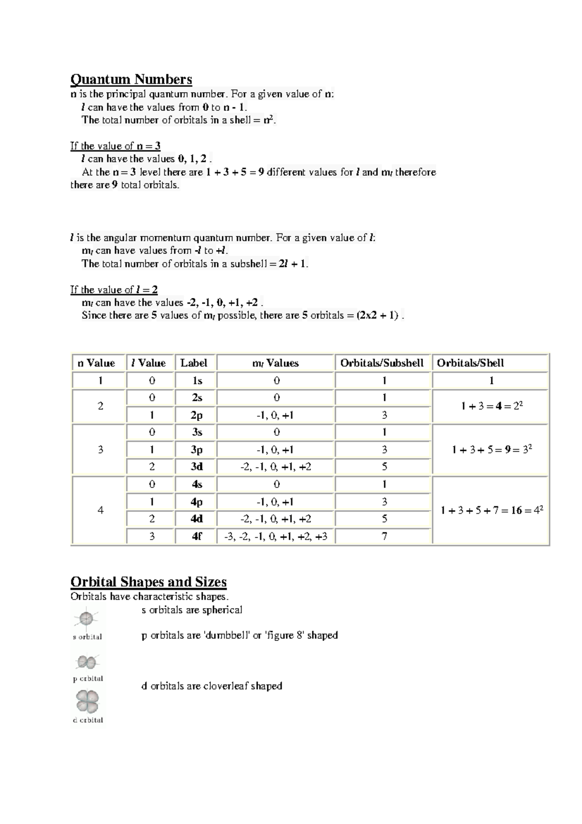 Chemistry OWL notes - Quantum Numbers n is the principal quantum number ...