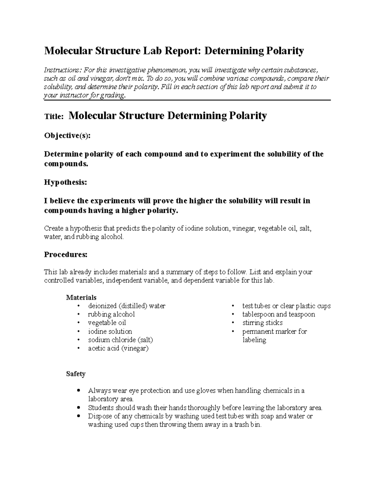 03.05 lab report - Molecular Structure Lab Report: Determining Polarity ...