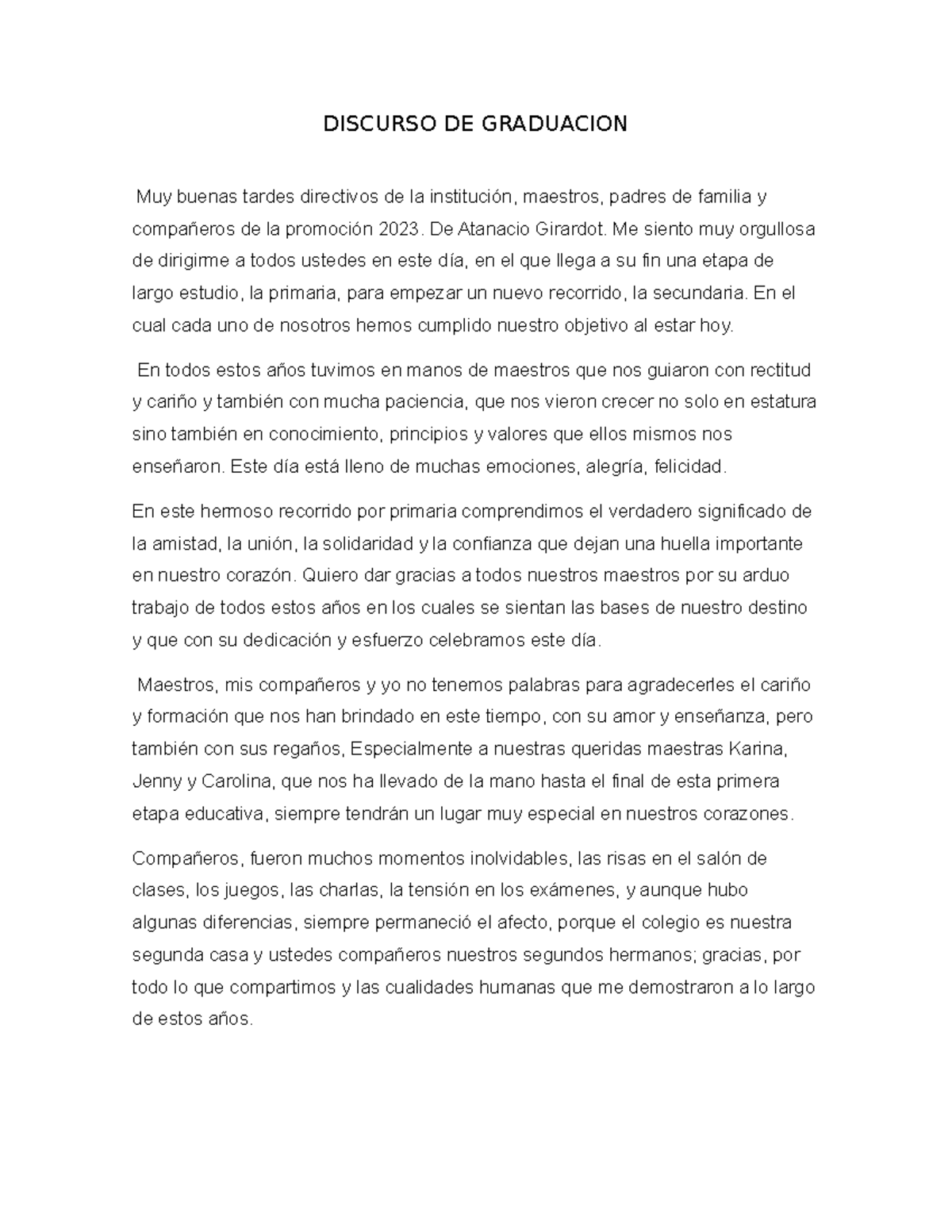 Discurso DE Graduación quinto grado - DISCURSO DE GRADUACION Muy buenas ...