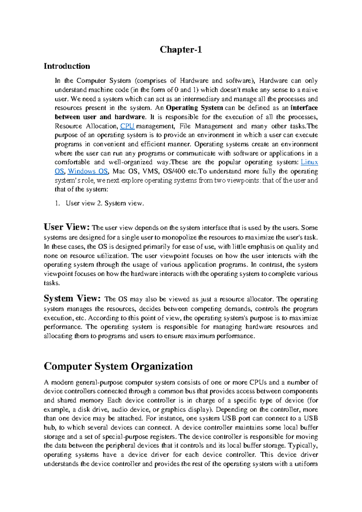 Unit1 chapter 1 - operating system unit 1 - Chapter- 1 Introduction In the Computer System - Studocu