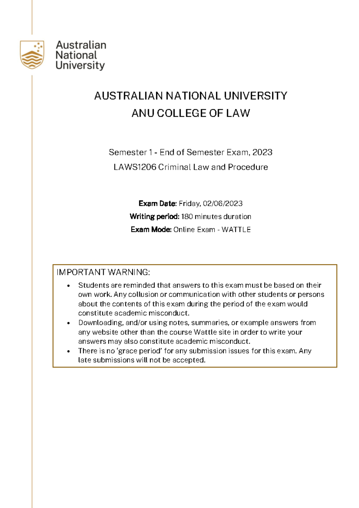 public law final exam question 1 2023 - AUSTRALIAN NATIONAL UNIVERSITY ANU COLLEGE OF LAW ...