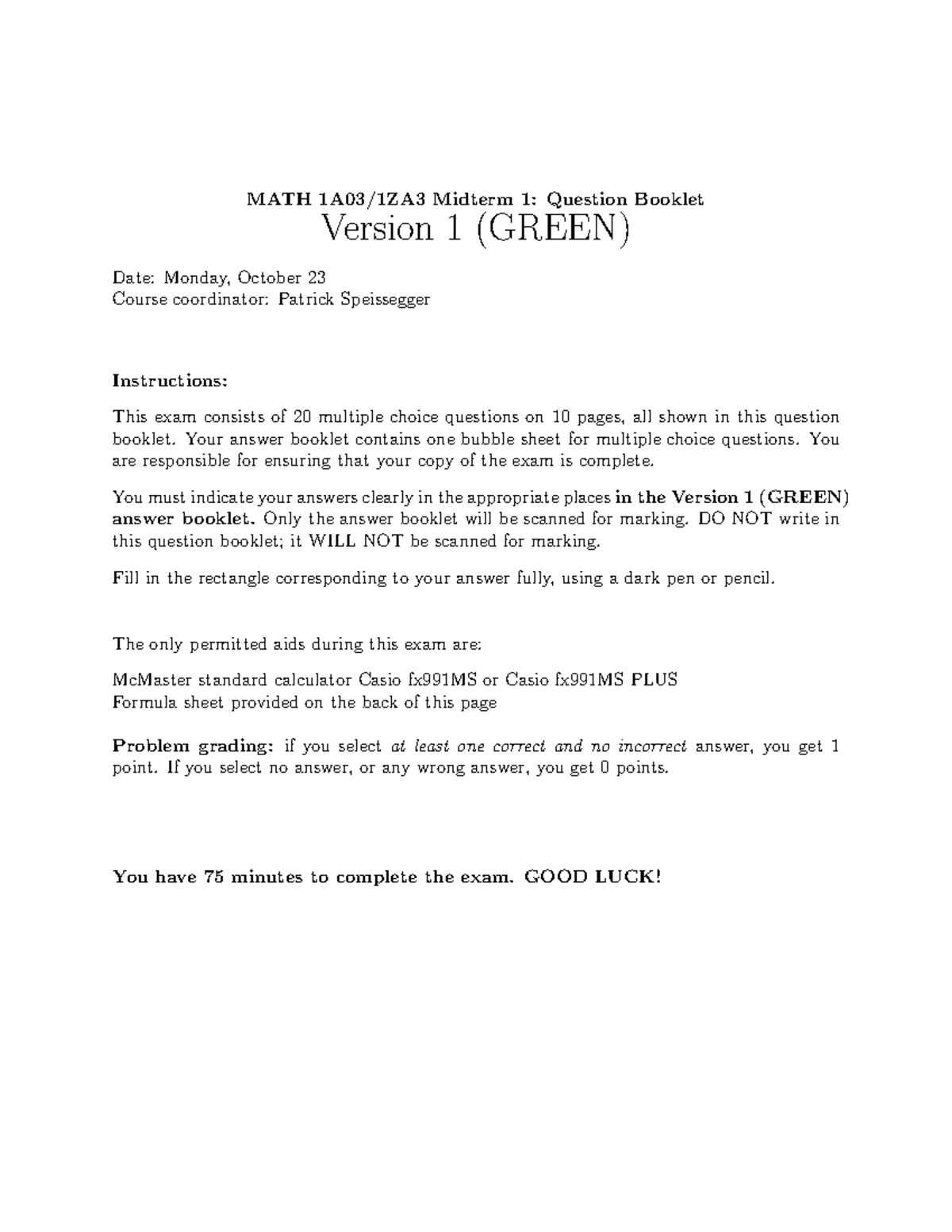 Midterm 1 - MATH 1A03/1ZA3 Midterm 1: Question Booklet Version 1 (GREEN ...