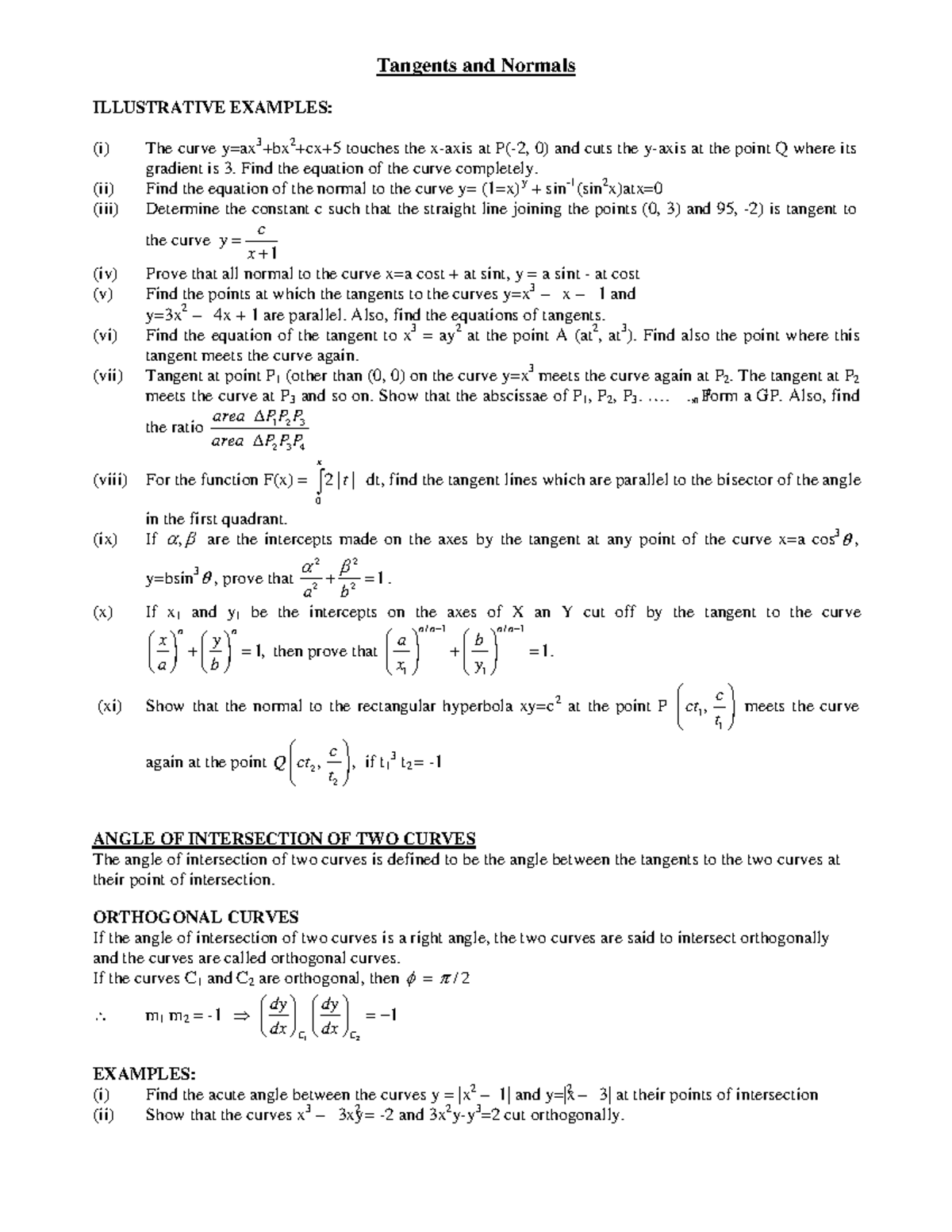 Tangents Normals - Tangents and Normals ILLUSTRATIVE EXAMPLES: (i) The ...