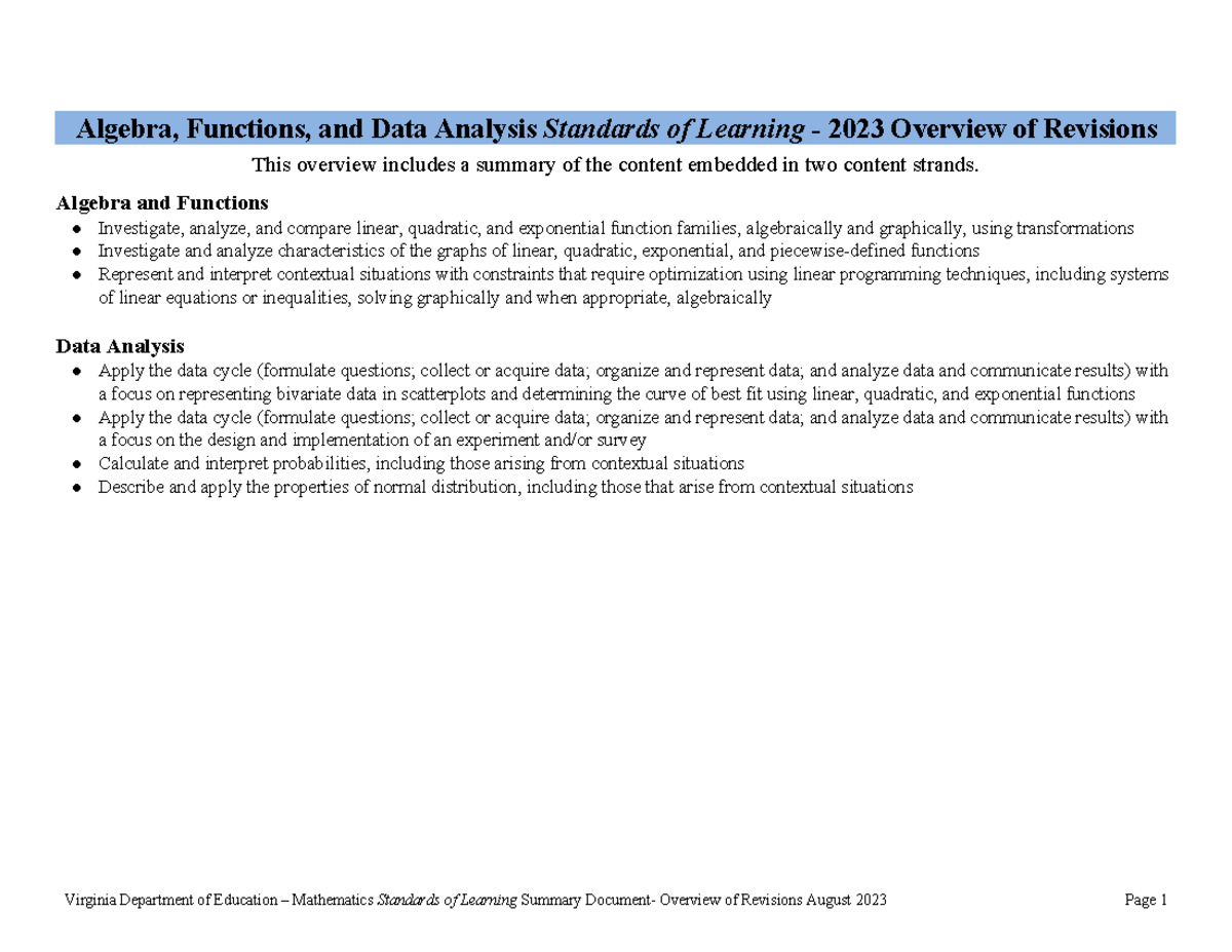 2023 Overview of Algebra Standards - Algebra, Functions, and Data ...