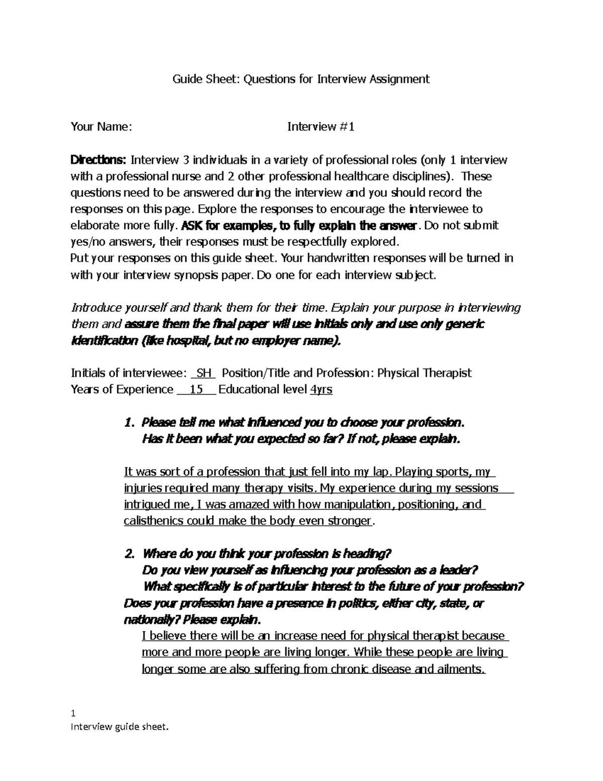 PT interview - Guide Sheet: Questions for Interview Assignment Your ...