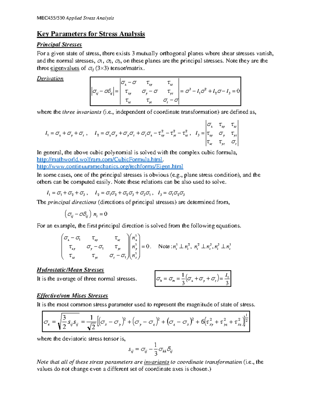 Ho8 Stress Parameters - Handout from class, from Dr. Toshio Nakamura ...
