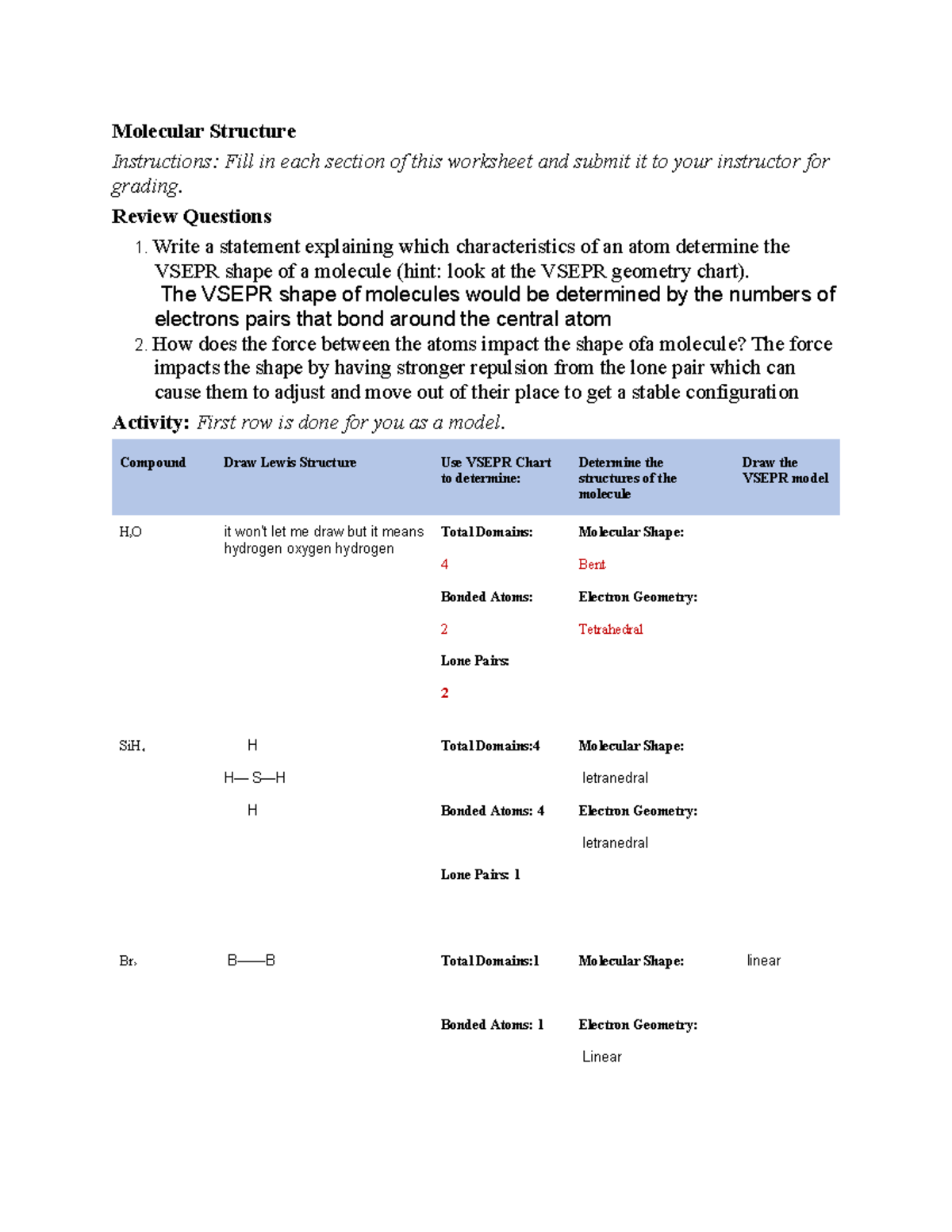 3.05 copy - 3.05 - Molecular Structure Instructions: Fill in each ...