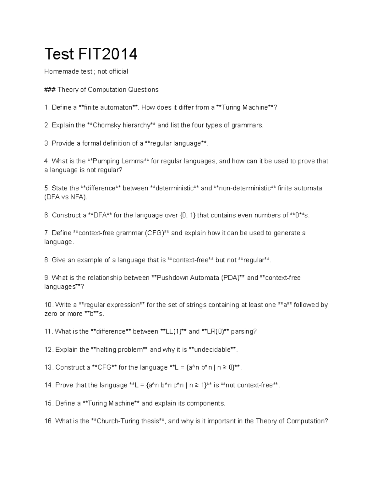 Test FIT2014 - For exam base/ fundamental revision Homemade freshly ...