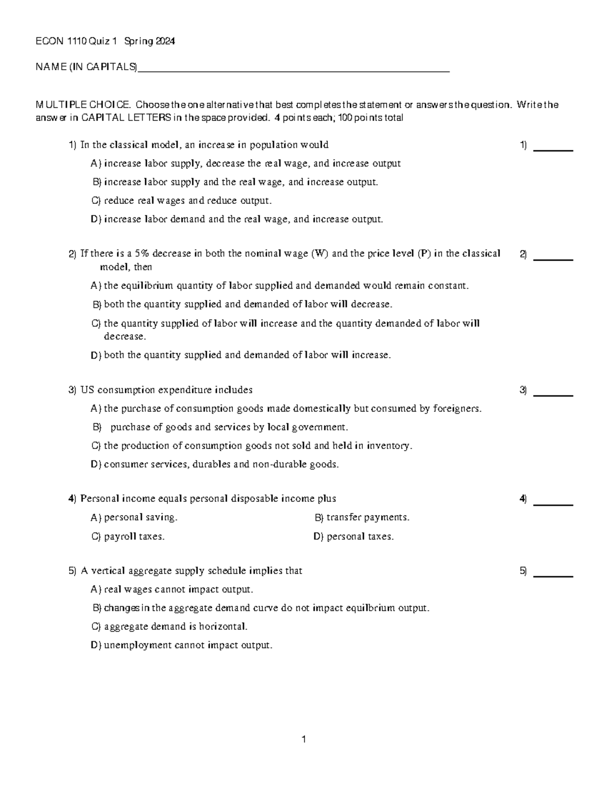 ECON 1110 Quiz 1 - quiz - ECON 1110 Quiz 1 Spring 2024 NAME (IN - Studocu