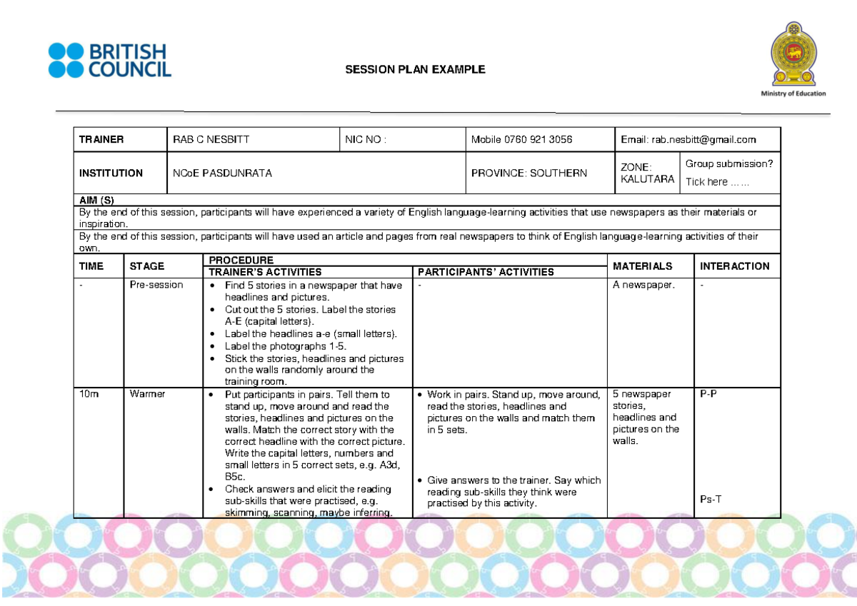 Trainer competition - session plan example - SESSION PLAN EXAMPLE ...