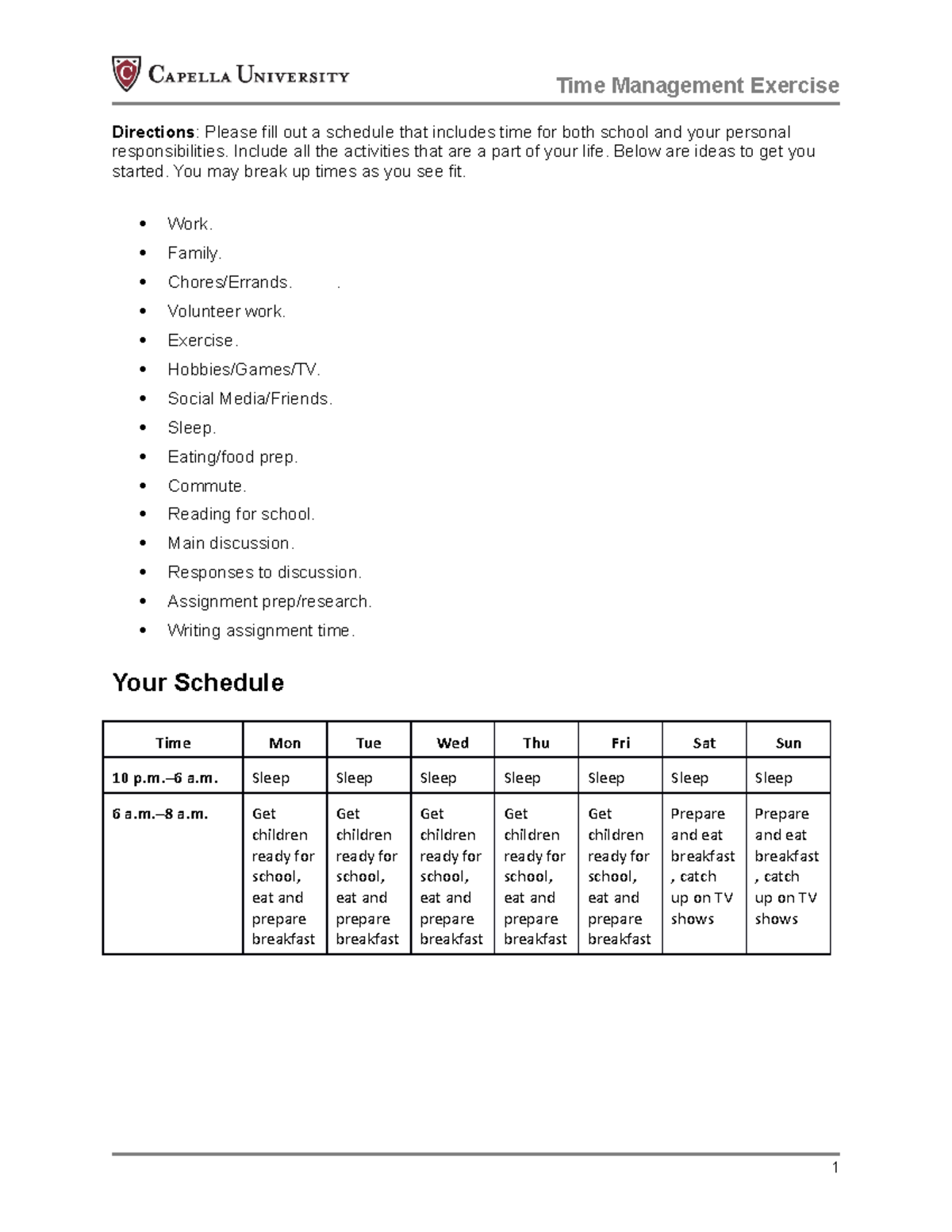 Cf time management exercise - Directions: Please fill out a schedule ...
