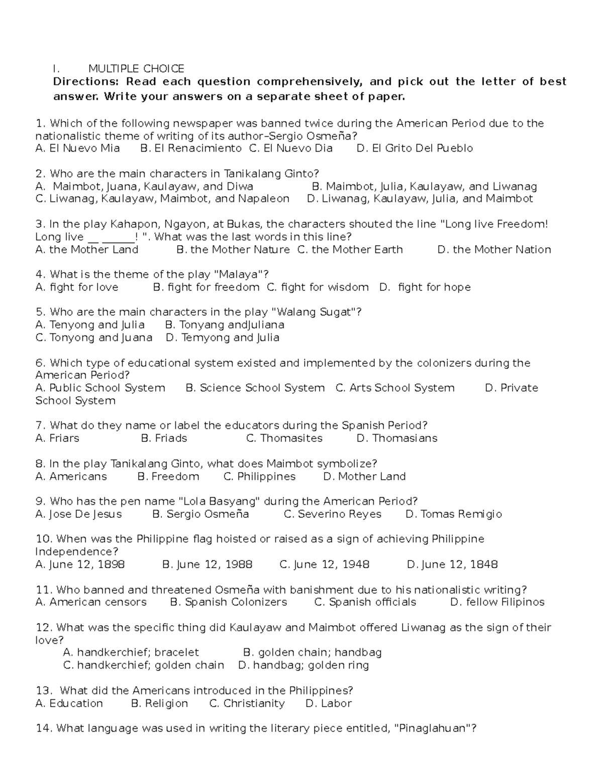 QUIZ-2 - Quiz - I. MULTIPLE CHOICE Directions: Read each question ...