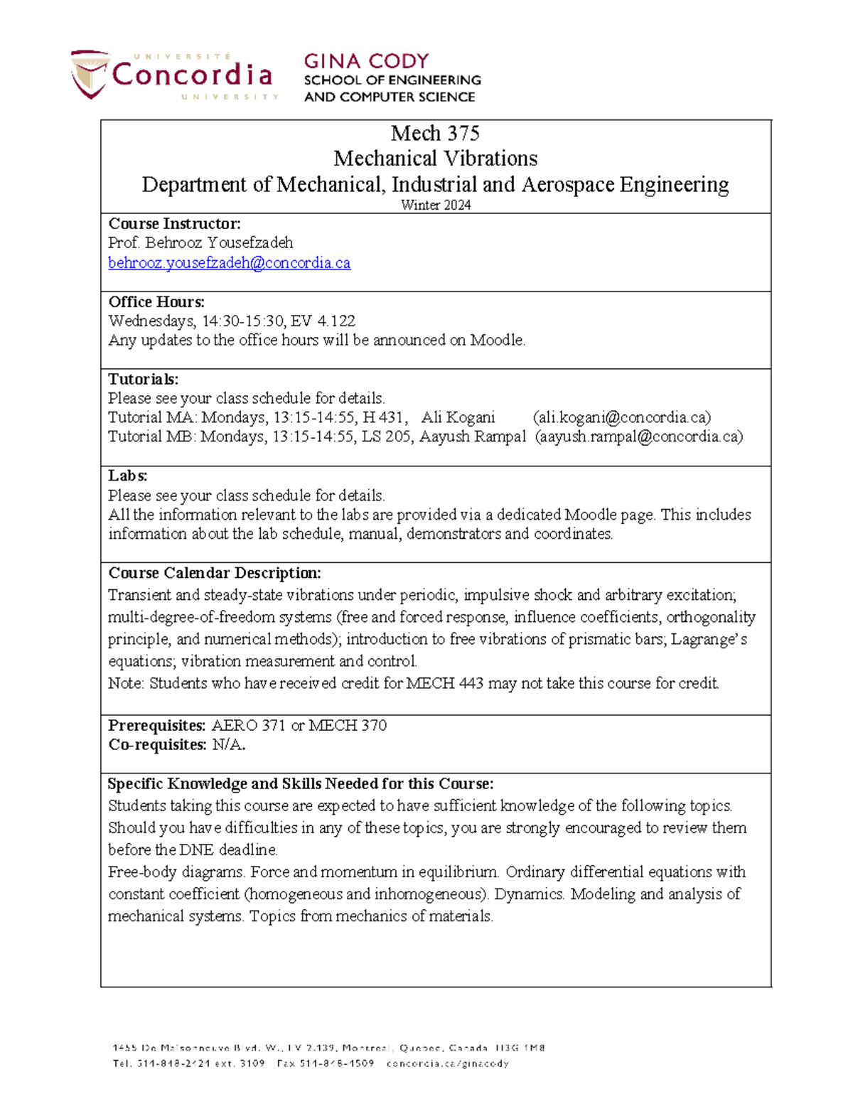Outline - course out;ine - Mech 375 Mechanical Vibrations Department of ...