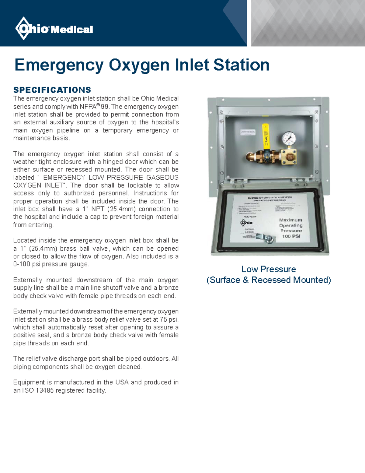TOMA DE Emergencia - ESP. TEC - ® SPECIFICATIONS The emergency oxygen ...
