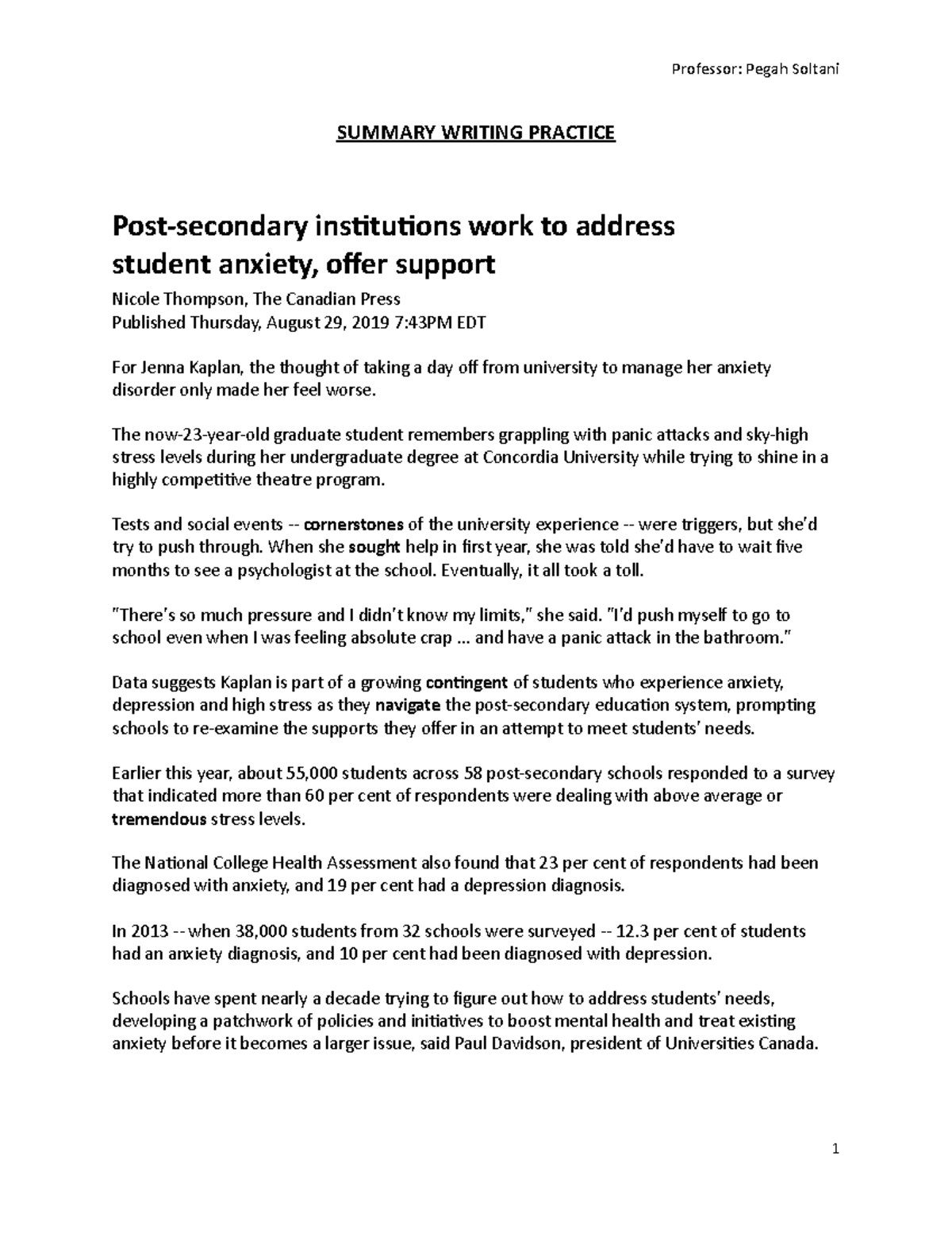 Summary article + sample paragraph - Professor: Pegah Soltani 1 SUMMARY ...