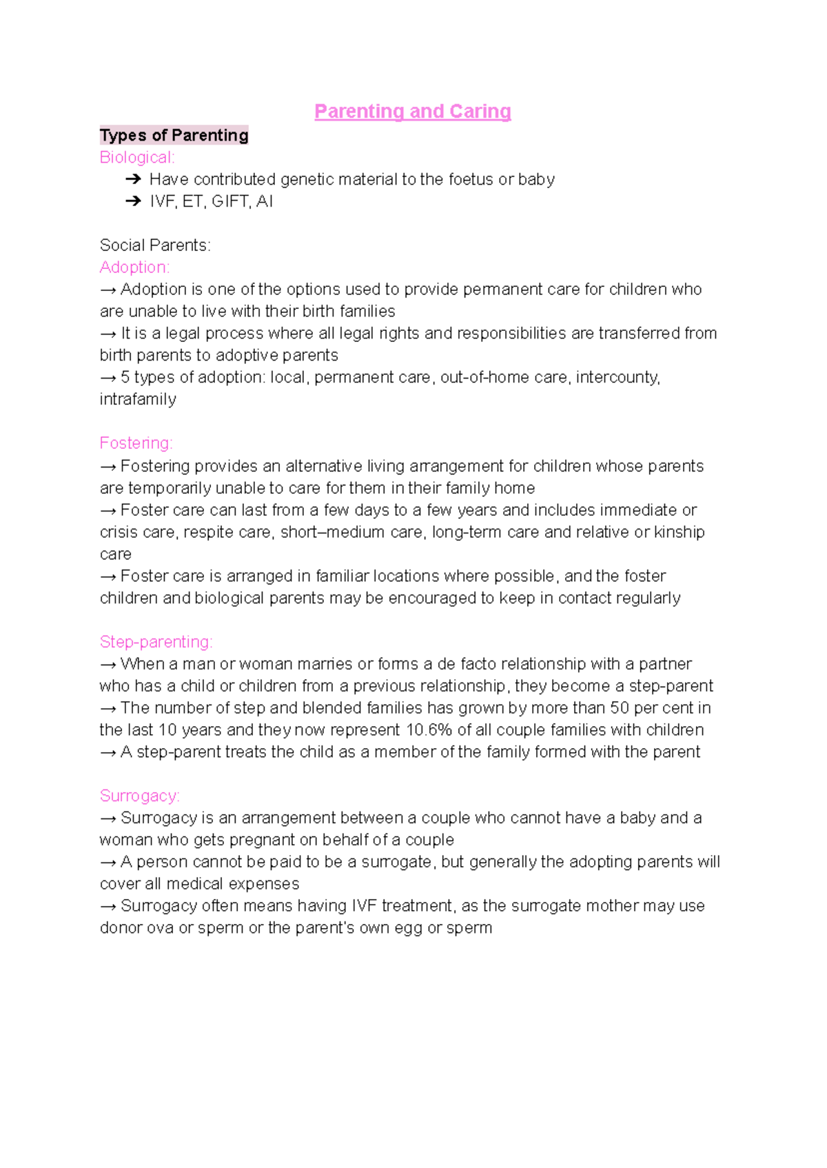 Cafs Notes Parenting and Caring - Parenting and Caring Types of ...