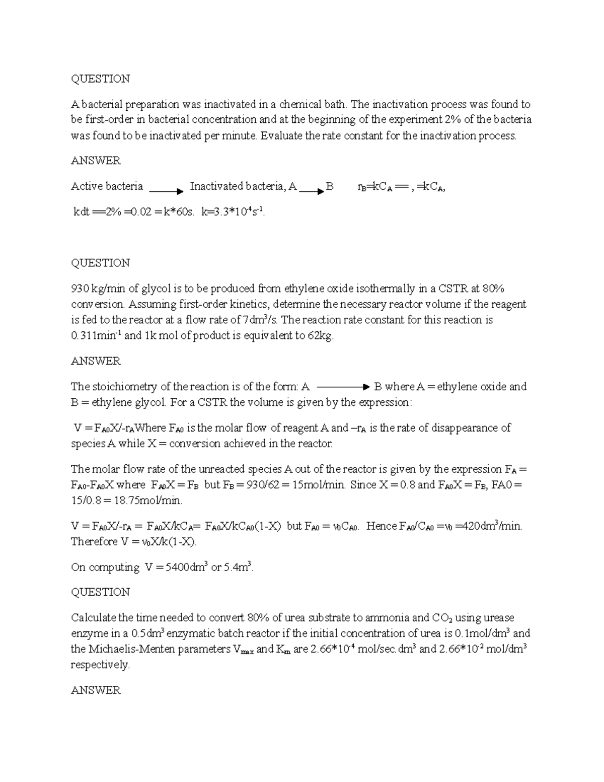 SOME Worked OUT Tutorials on Reactor Engineerig - QUESTION A bacterial preparation was ...