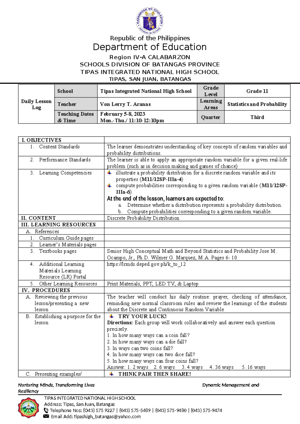 Q3-2. Discrete Probability Distribution - Republic of the Philippines ...