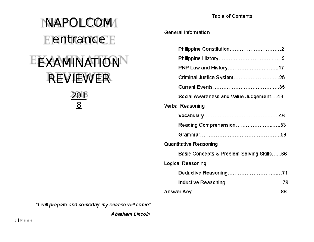Napolcom reviewer 1111 - 1 | P a g e NAPOLCOM entrance General ...