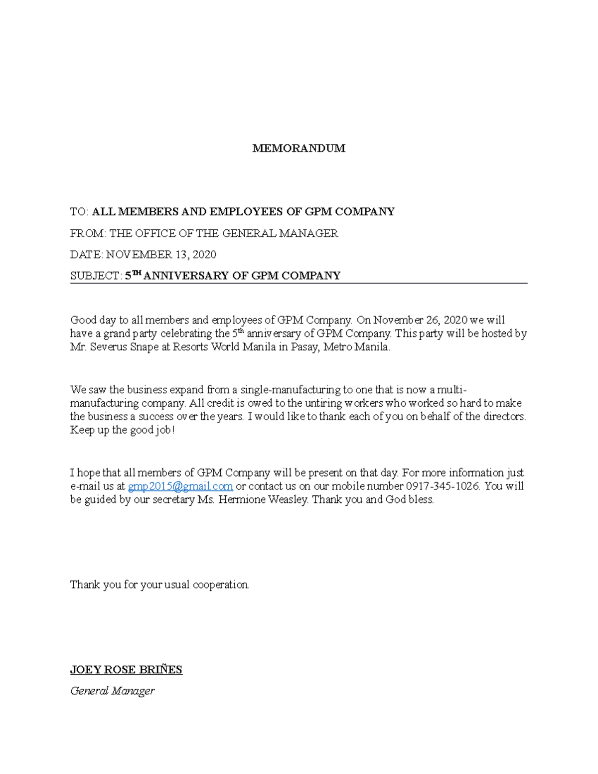 Memorandum - A part of Business English' course - MEMORANDUM TO: ALL ...