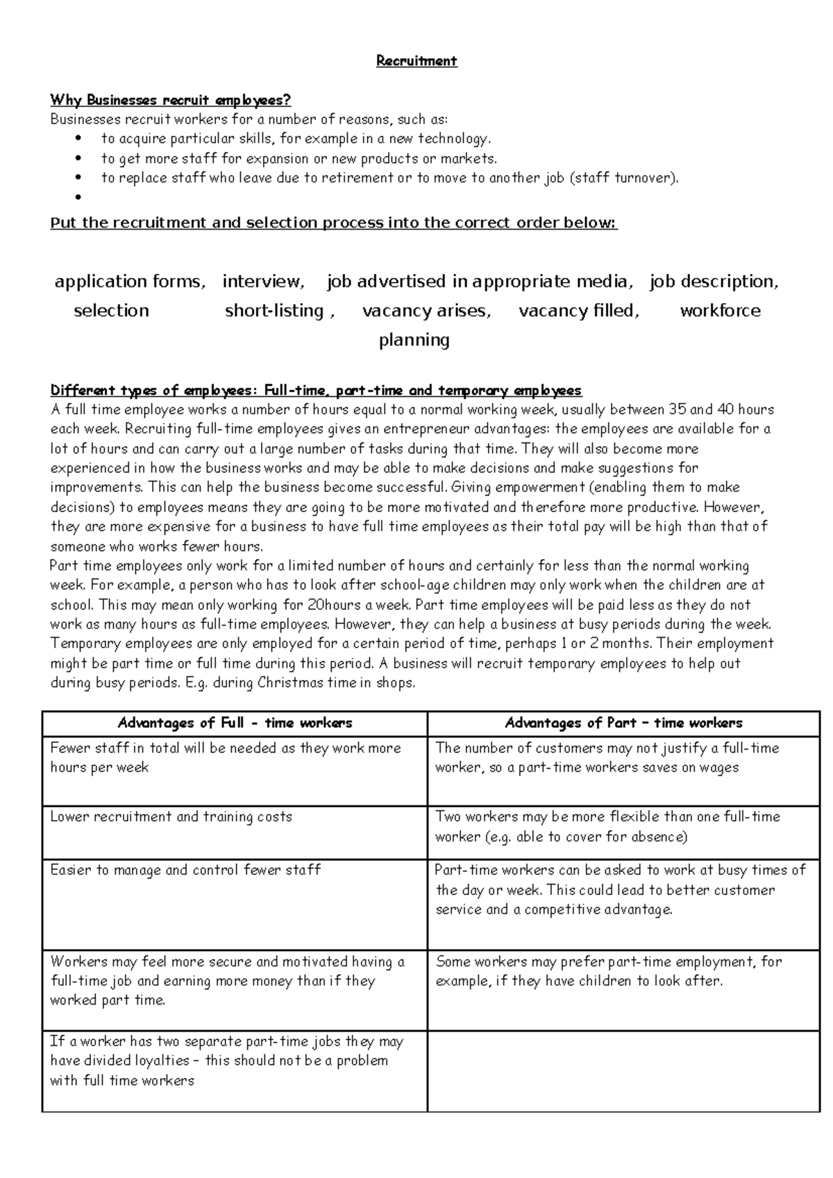 Recruitment theory sheet - Recruitment Why Businesses recruit employees ...