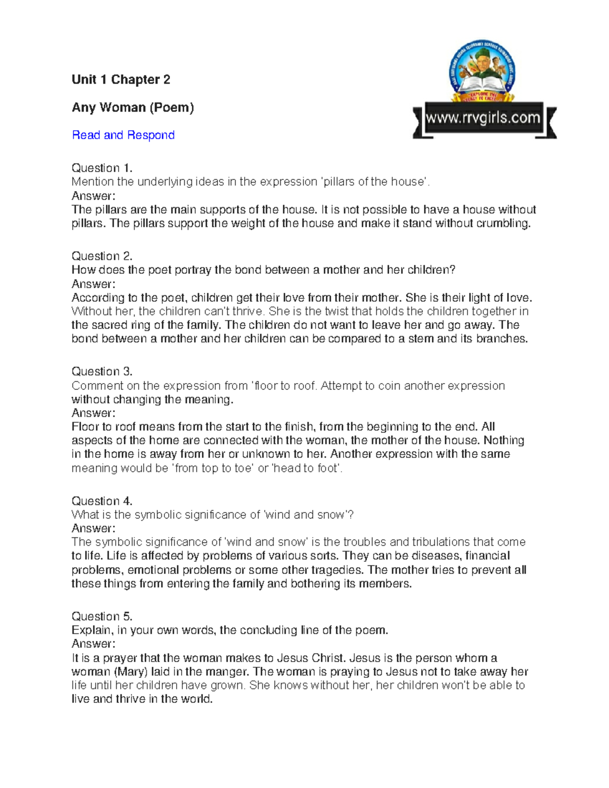 Any Woman (Poem)-Copy - Focus area notes - Unit 1 Chapter 2 Any Woman ...