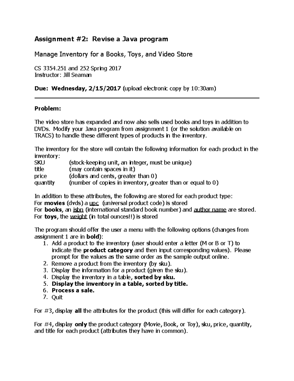 Assignment 2 - CS 3354 - "Revise your program to implement a Books, Toys, and Video Store ...