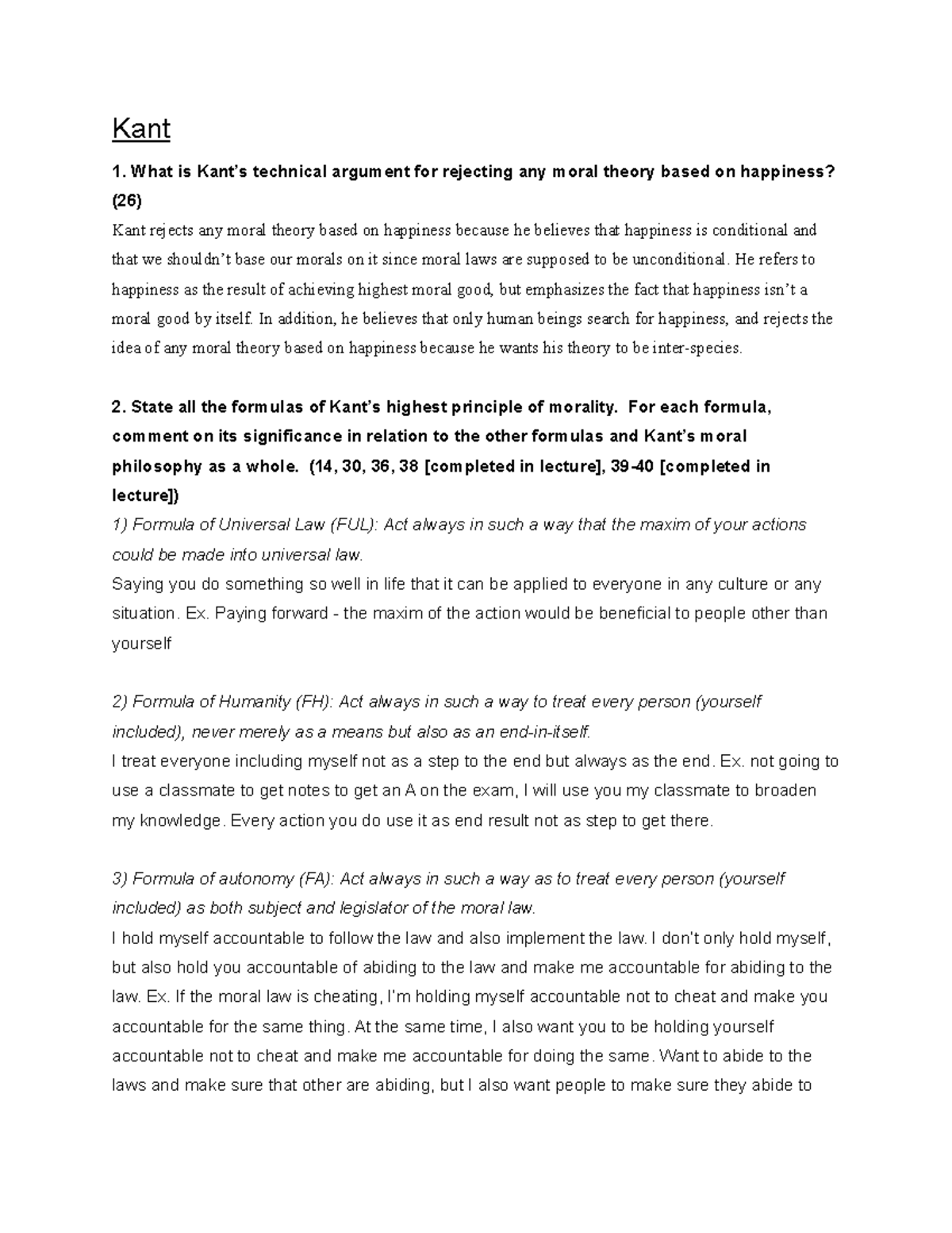 Final Study Guide The Good Life - Kant What is Kant’s technical ...