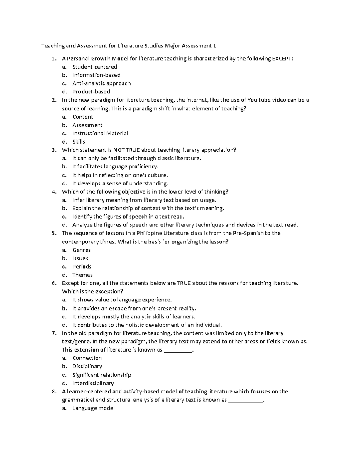 Teaching and Assessment for Literature Studies Major Assessment 1 ...