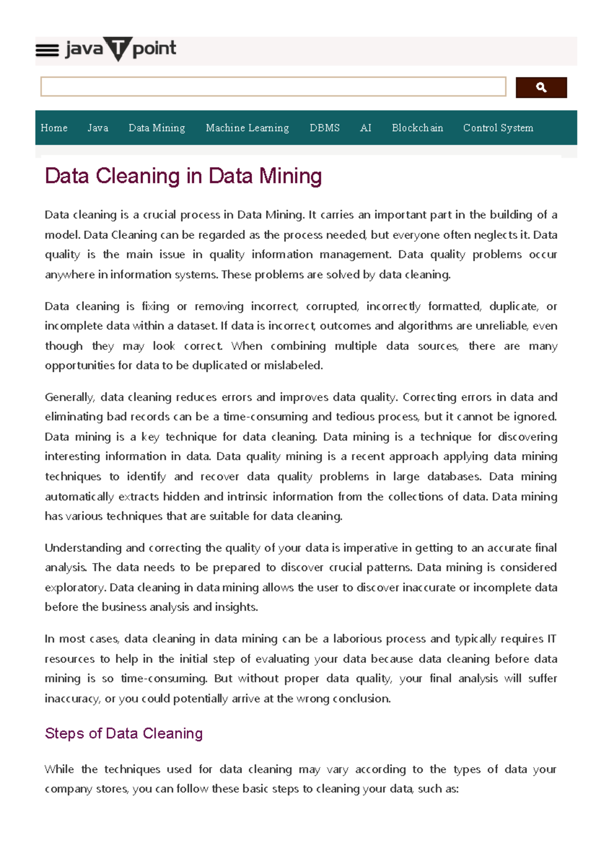 Www javatpoint com data cleaning in data mining - Data Cleaning in Data Mining Data cleaning is ...