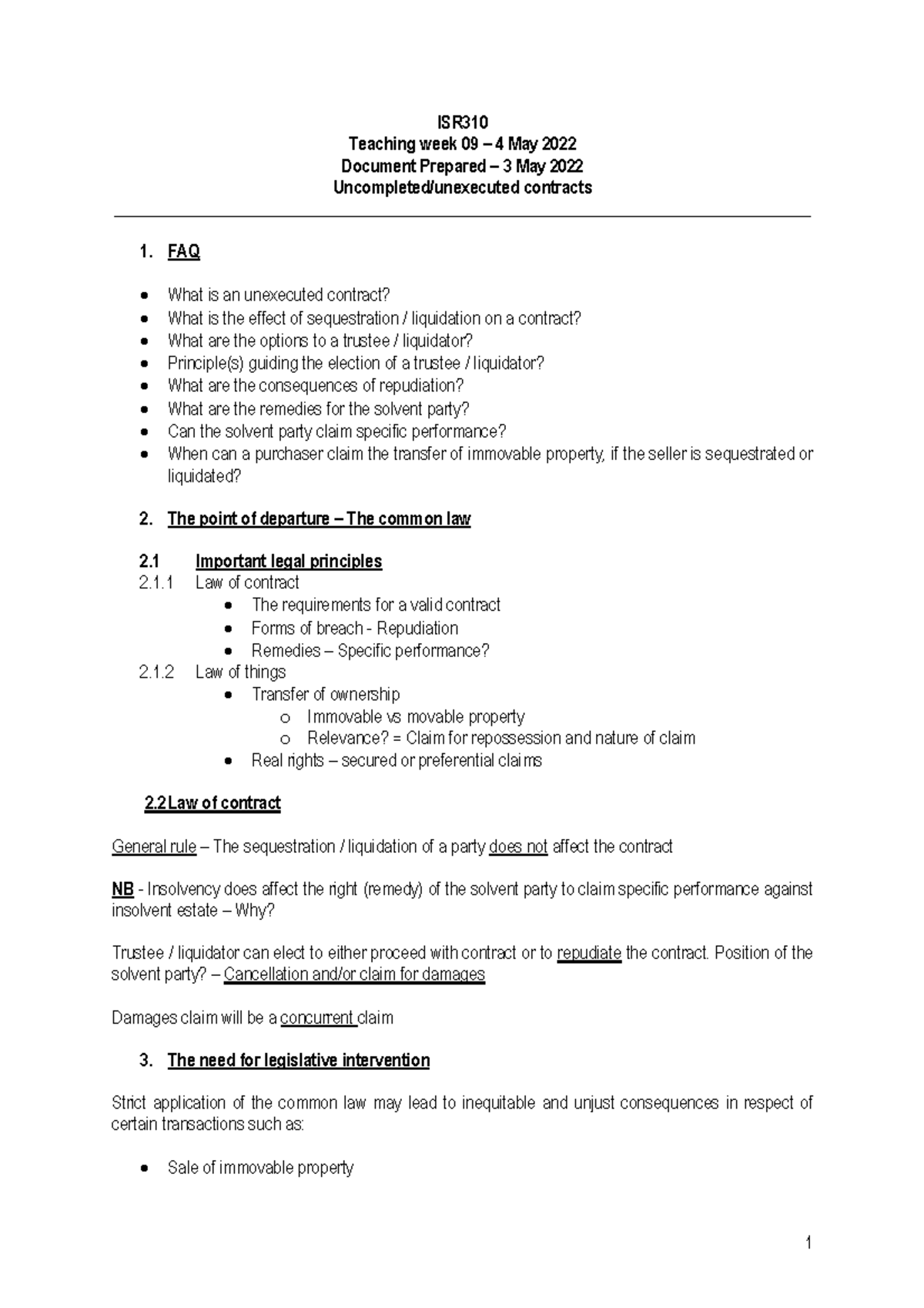 Unexecuted Contracts - Notes - ISR Teaching week 09 – 4 May 2022 ...