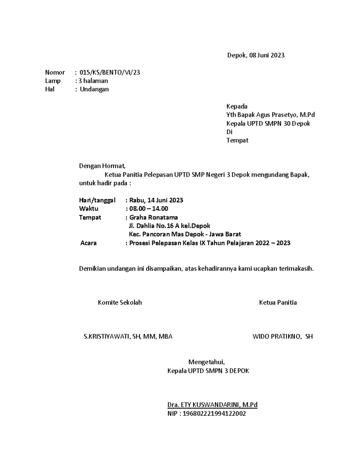 Surat undangan 30 Depok - Depok, 08 Juni 2023 Nomor : 015 /KS/BENTO/VI ...