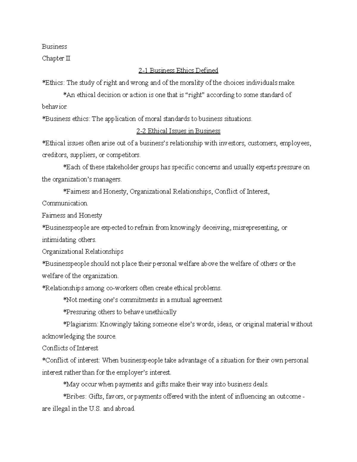 Business Chap. 2 - Notes - Business Chapter II 2-1 Business Ethics ...