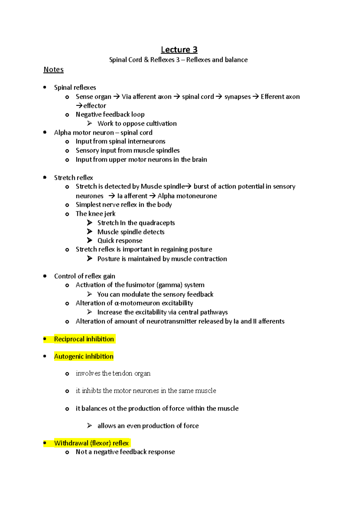 Muscle Notes 3 - Lecture 3 Spinal Cord & Reflexes 3 – Reflexes and ...