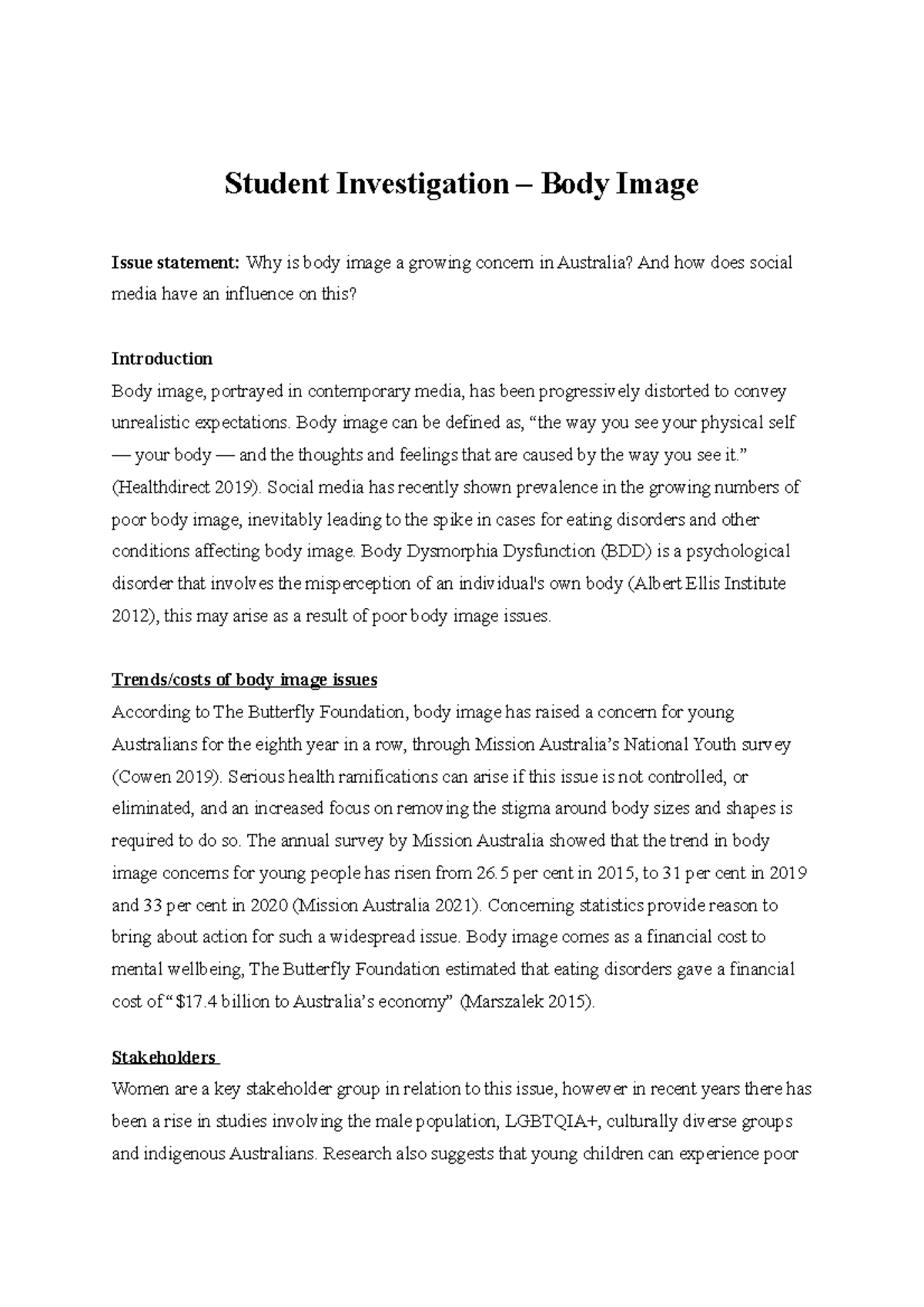 Personal health investigation - Student Investigation – Body Image ...