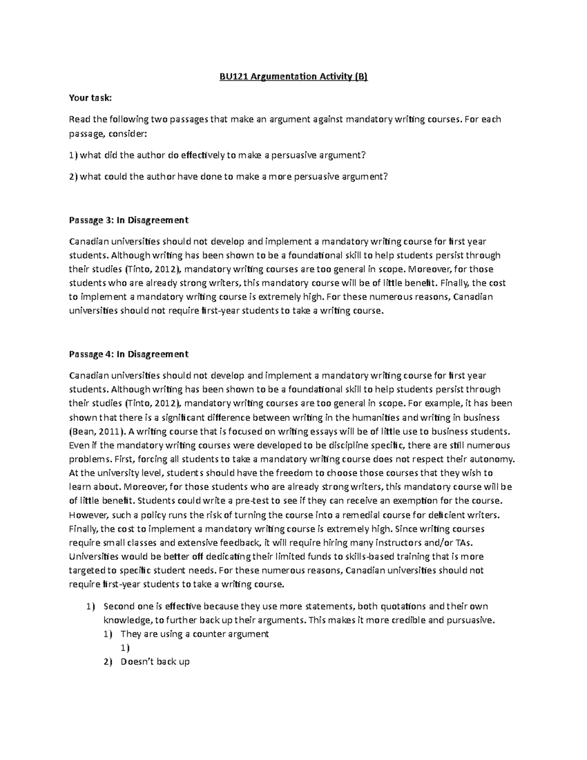BU121 Argumentation Activity B - BU121 Argumentation Activity (B) Your ...