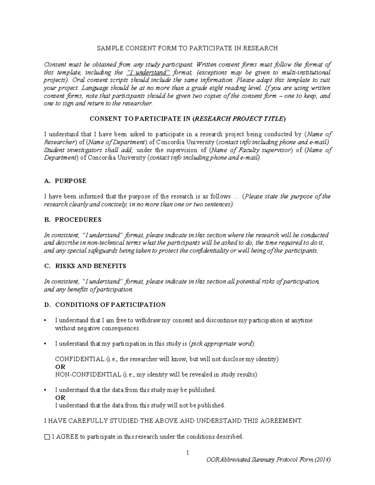 Sample Consent Form - SAMPLE CONSENT FORM TO PARTICIPATE IN RESEARCH ...