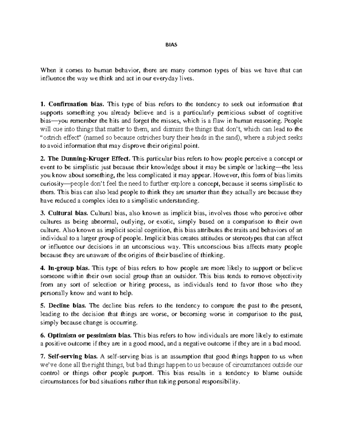 Notes on Bias PSY4001 - nokciosiafpe - BIAS When it comes to human ...