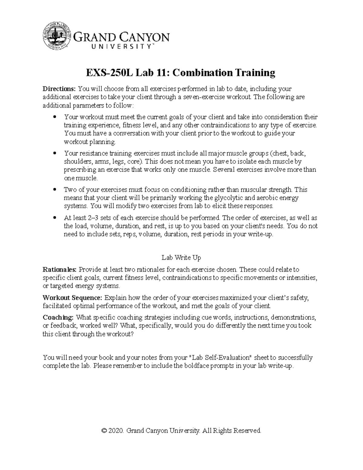 W11 lab - The assigned lab for this week - EXS-250L Lab 11: Combination Training Directions: You ...