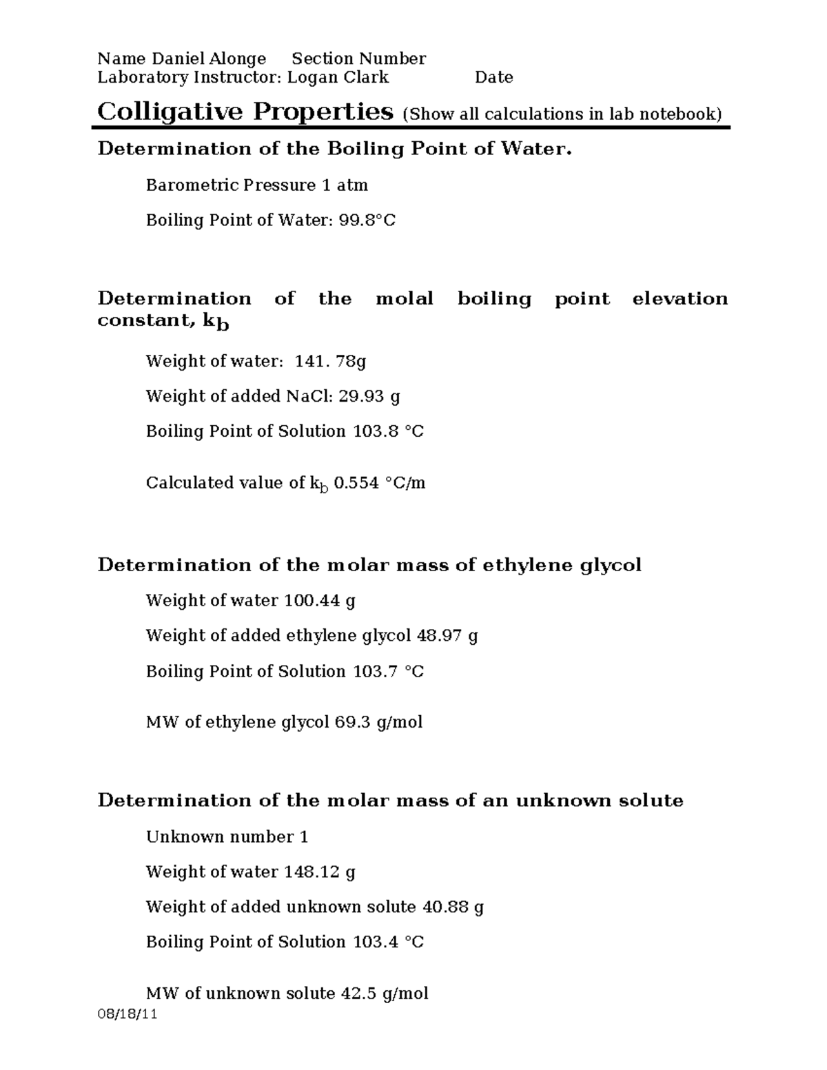 colligative property submission - Name Daniel Alonge Section Number Laboratory Instructor: Logan ...