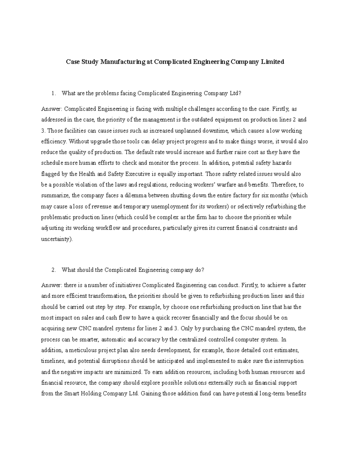 Case Study Manufacturing at Complicated Engineering Company Limited ...