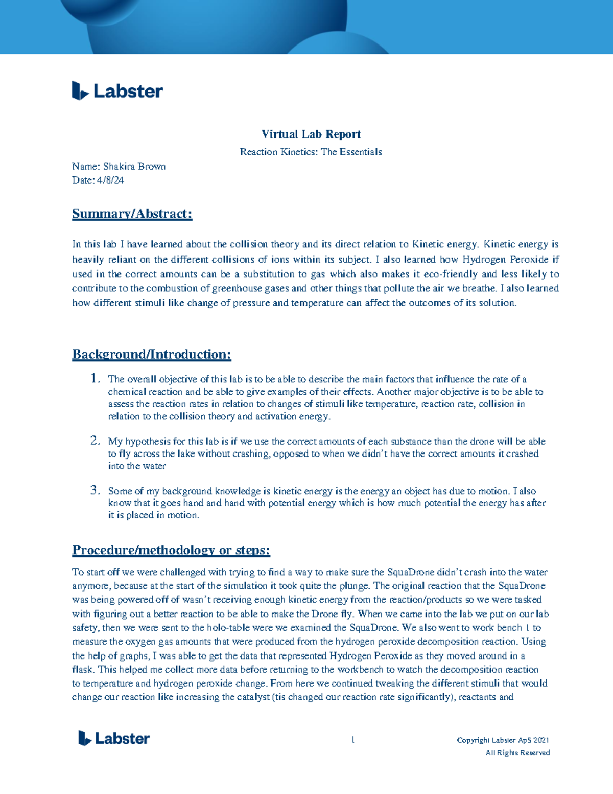 Lab Report Labster Reaction Kinetics Template COMP - 1 Copyright Labster ApS 2021 All Rights ...