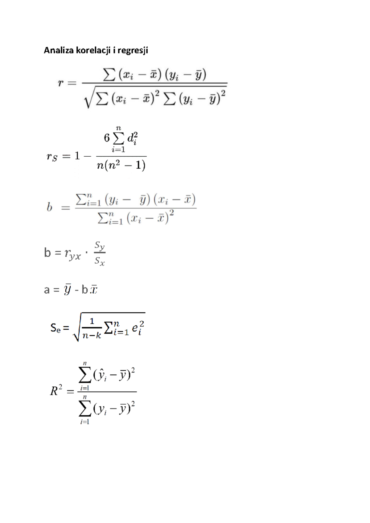 Wzory 2 kolokwium - Statystyka - Analiza korelacji i regresji - Studocu