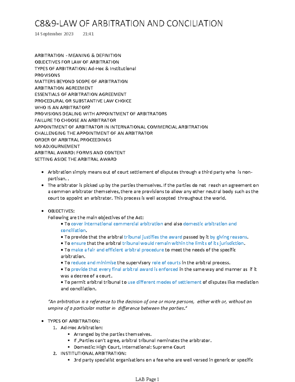 LAB - Arbitration AND Conciliation Chapter - Shashwat Notes ...