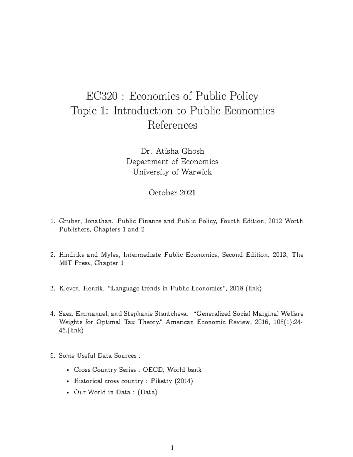 References Topic 1 public goods - EC320 : Economics of Public Policy ...