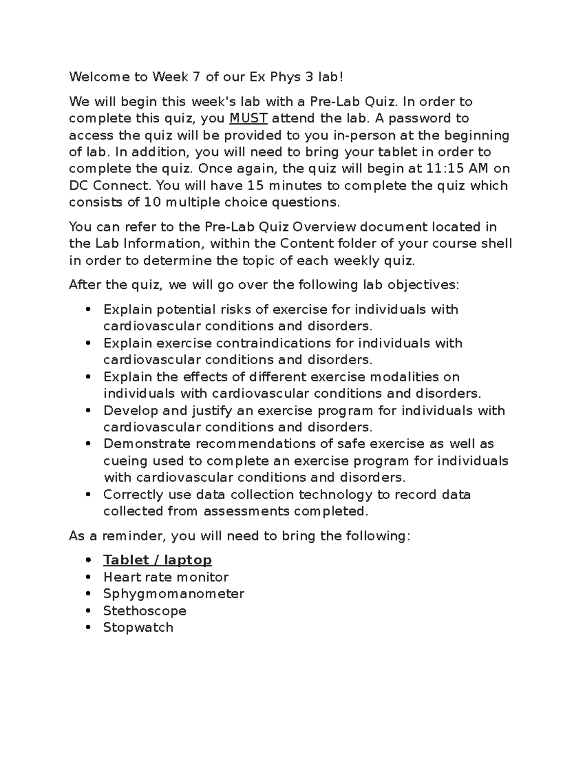 Document 12 - week 7 overview BIOL - Welcome to Week 7 of our Ex Phys 3 lab! We will begin this ...