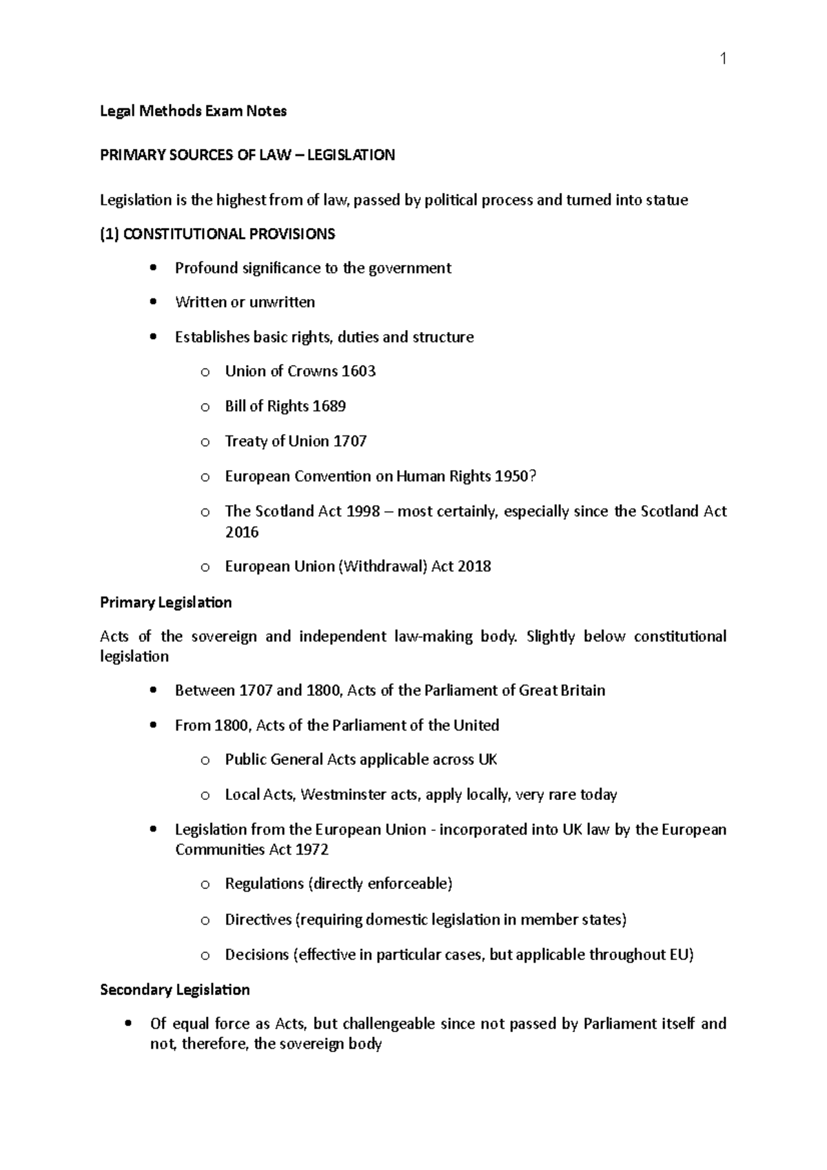 Exam Notes - Legal Methods Exam Notes PRIMARY SOURCES OF LAW ...