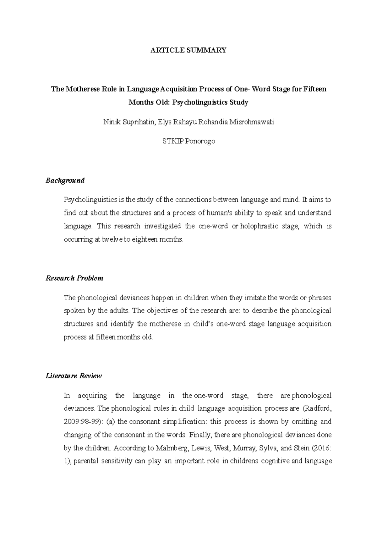 Summary Task - The Motherese Role in Language Acquisition of One Word ...